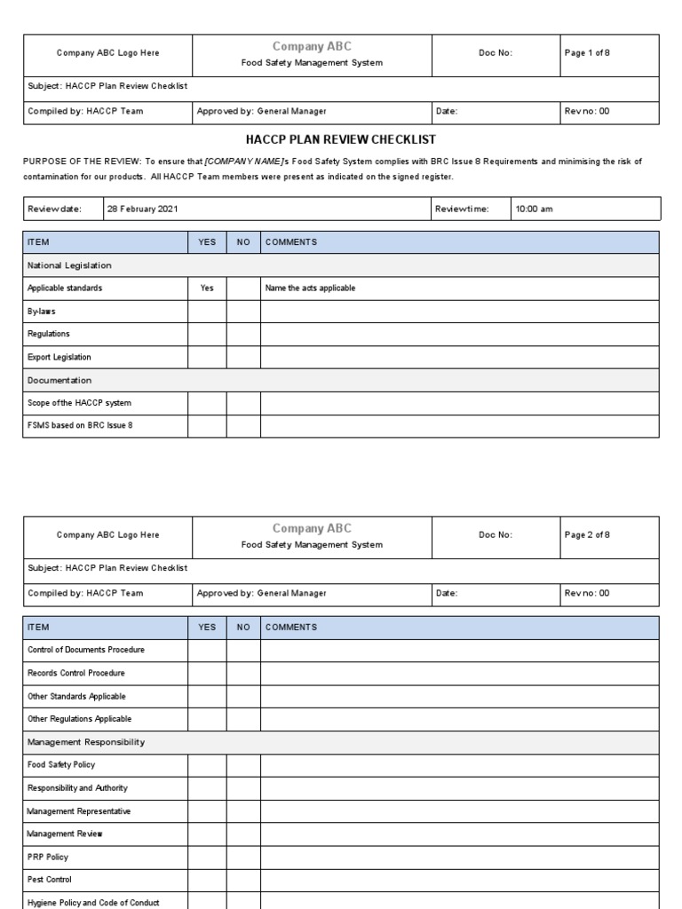 BRC HACCP Plan Review Checklist | PDF | Hazard Analysis And Critical Control Points | Food Safety