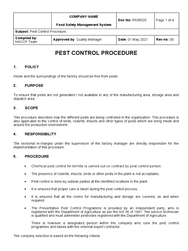 Pest Control Procedure for Food Safety | PDF | Pest Control | Pest ...