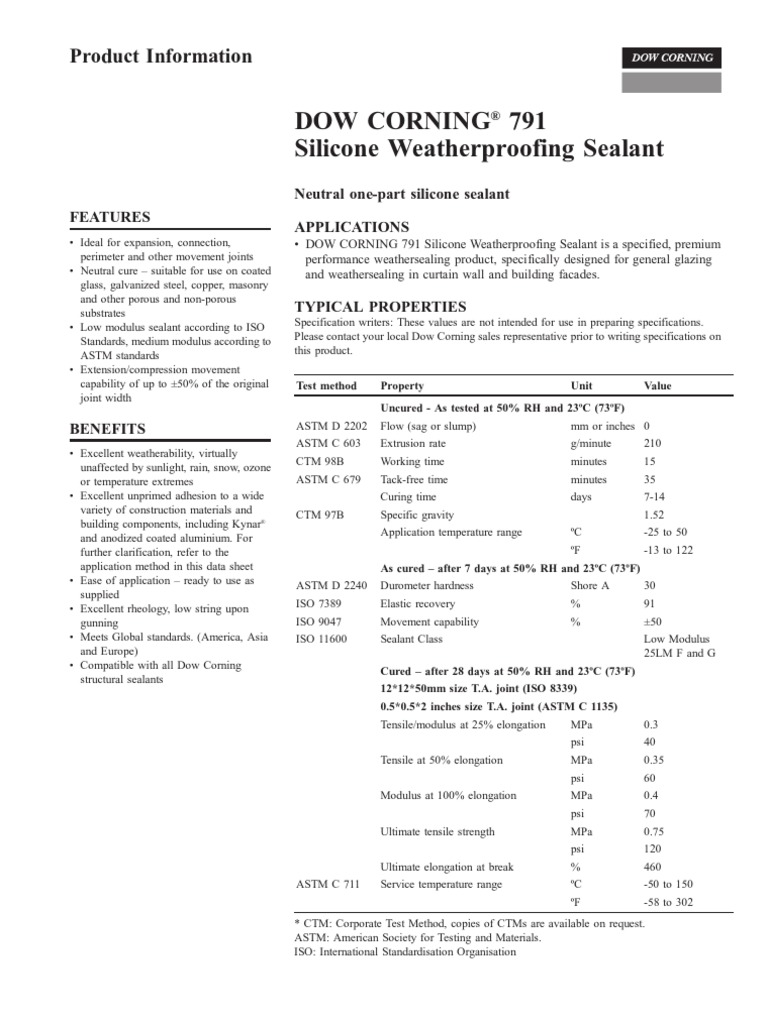 Dow Corning 791 Silicone Weatherproofing Sealant: Product Information | PDF | Silicone | Pascal ...