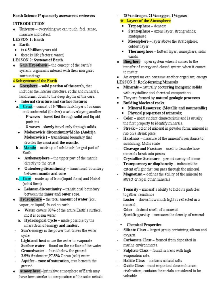 Earth Science 1st Quarterly Assessment Reviewers | PDF | Mining | Earth