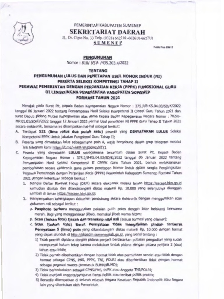 Sk. Keputusan Pengumuman Hasil Seleksi PPPK | PDF