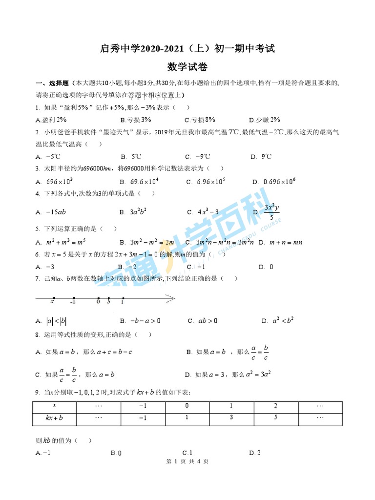 2020-2021（上）启秀初一【数学】期中考试【试卷】 | PDF