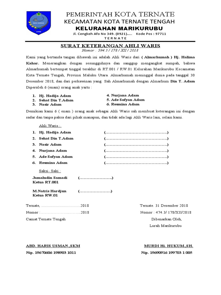 Surat Keterangan Ahli Waris | PDF