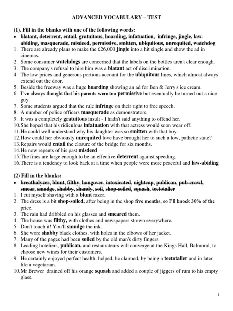 Advanced Vocabulary Test Exercise | PDF