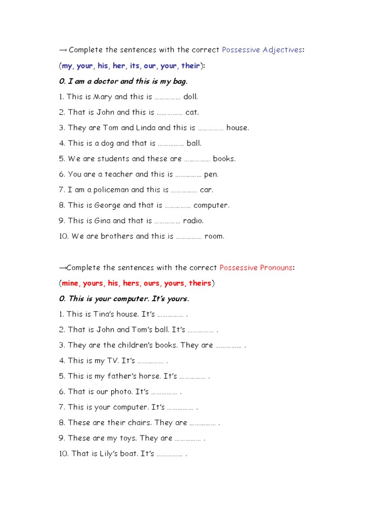 Possessive Adjectives, Possessive Pronouns JUNIOR (B) | PDF