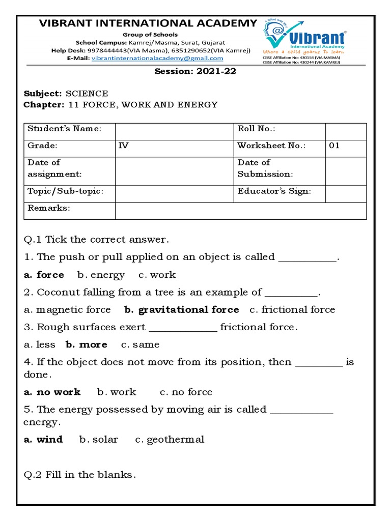Class 4 Science: Force, Work & Energy | PDF | Force | Electricity
