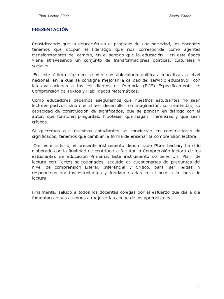 6to - Planb Lector - Con Lecturas Selectas - 2022 | PDF | Comprensión lectora | Educación primaria