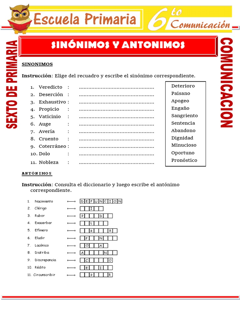 Fichas De Trabajo De Sinónimos, Antónimos Y Homónimos LOS