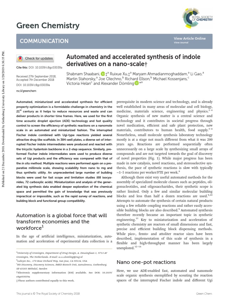 Automated And Accelerated Synthesis Of Indole Derivatives On A Nano Scale Green Chemistry