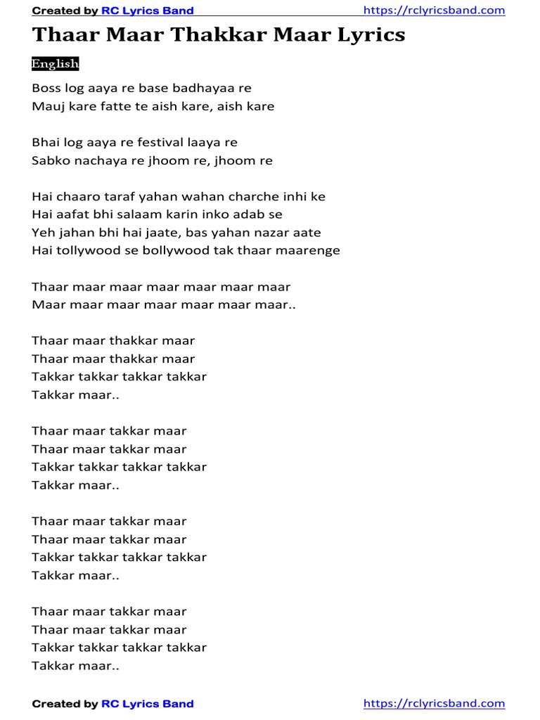Thaar Maar Thakkar Maar Lyrics | PDF