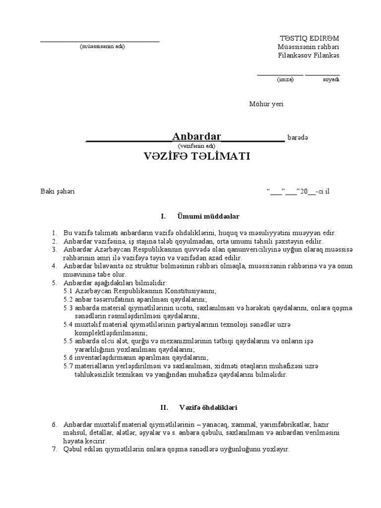 Vezife Telimat Anbardar | PDF