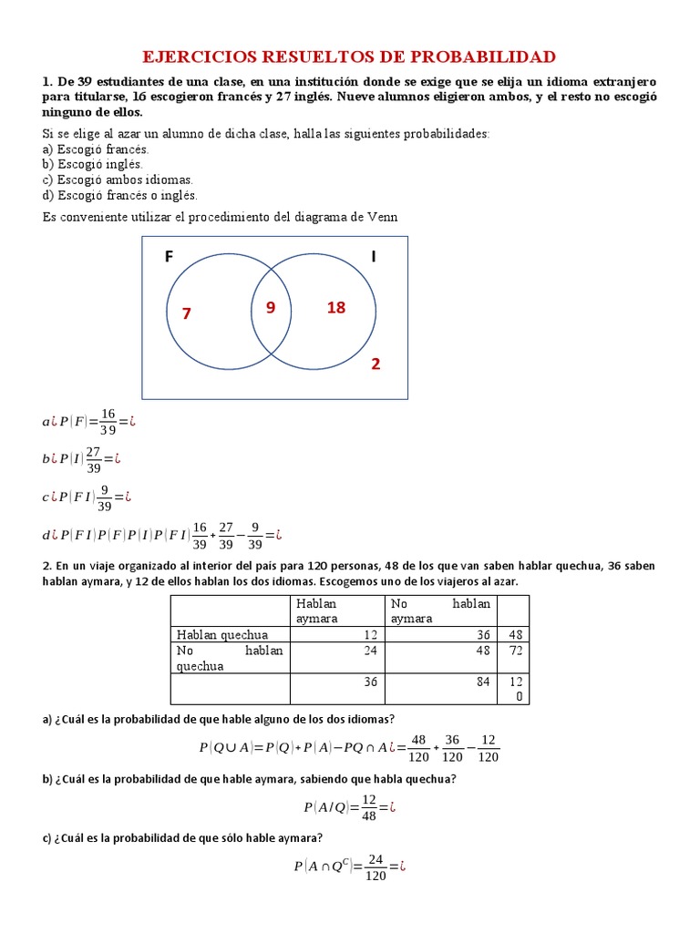Análisis de problemas de probabilidad resueltos con diagramas de Venn y ...