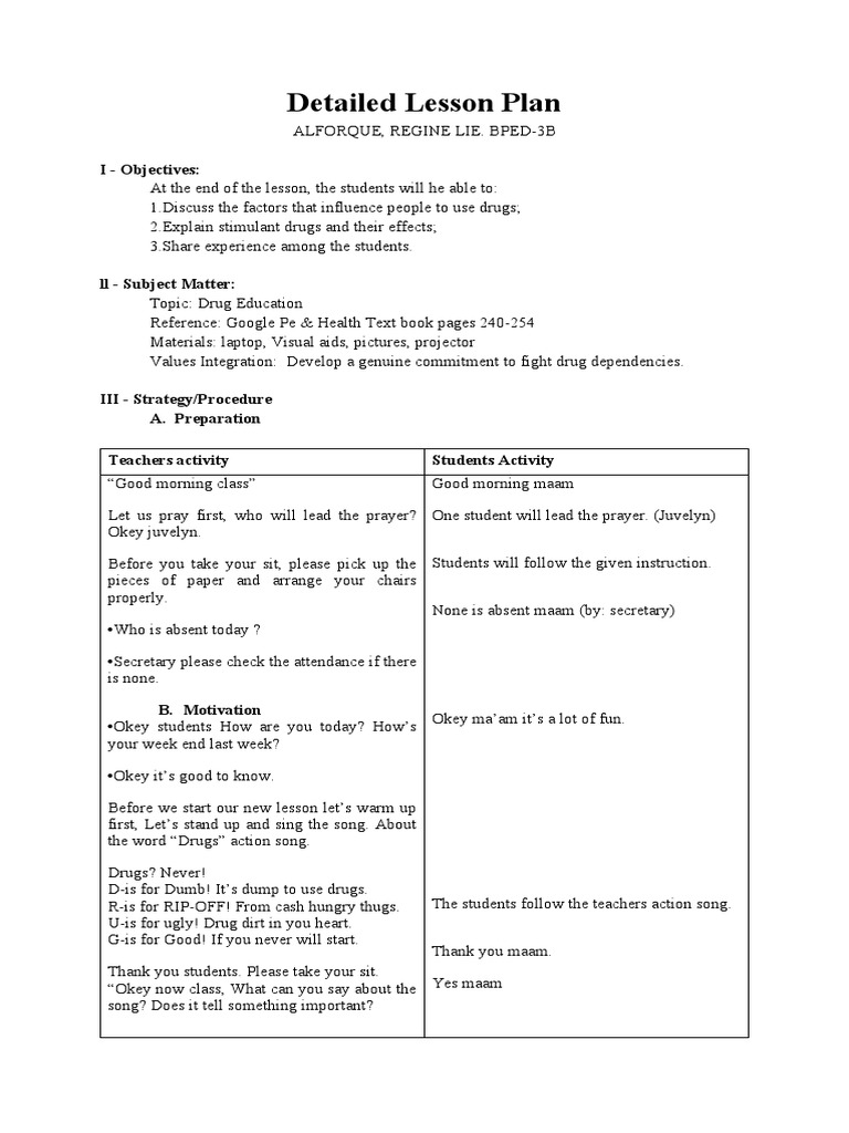 Detailed Lesson Plan | PDF | Drugs | Lesson Plan