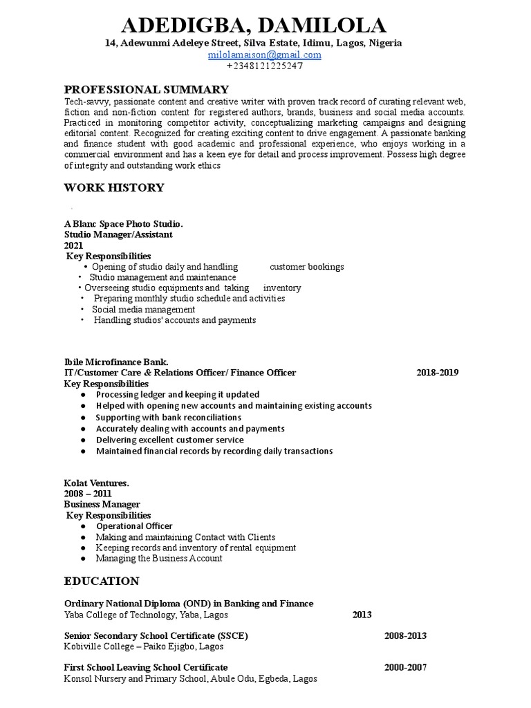 Adedigba Damilola - Resume 1 | PDF | Social Media | Popular Culture & Media Studies