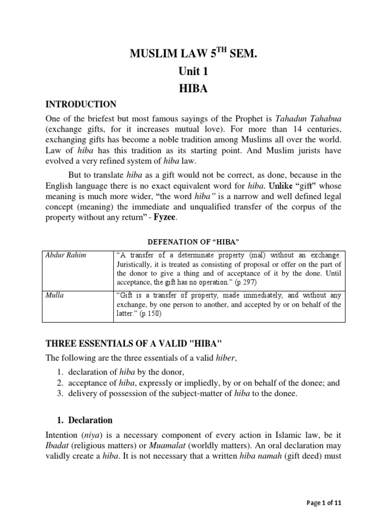 Muslim Law 5 Sem. Unit 1 Hiba: Ibadat (Religious Matters) or Muamalat ...