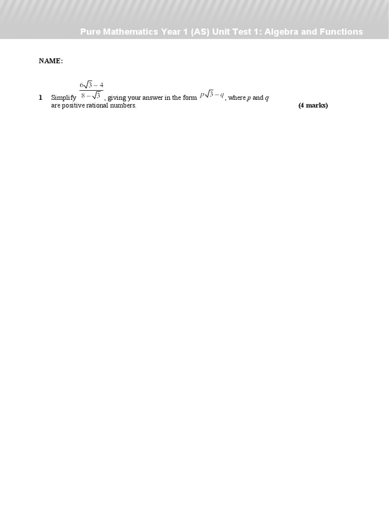 Pure Unit 1 Topic Test FINAL | PDF | Function (Mathematics) | Equations