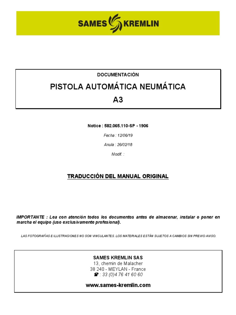 Pistola-automatica-neumatica-A3-libro-de-instrucciones-sames-kremlin-582065110-sp (1) Español | PDF