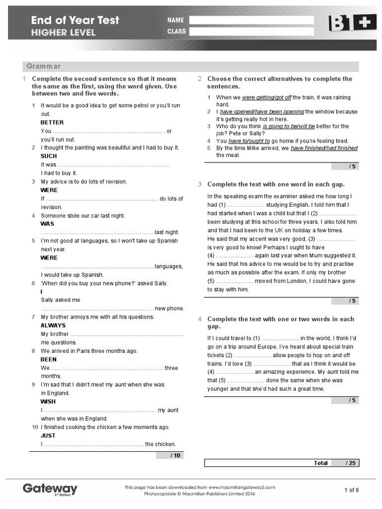 B1+ End of Year Test Higher | PDF