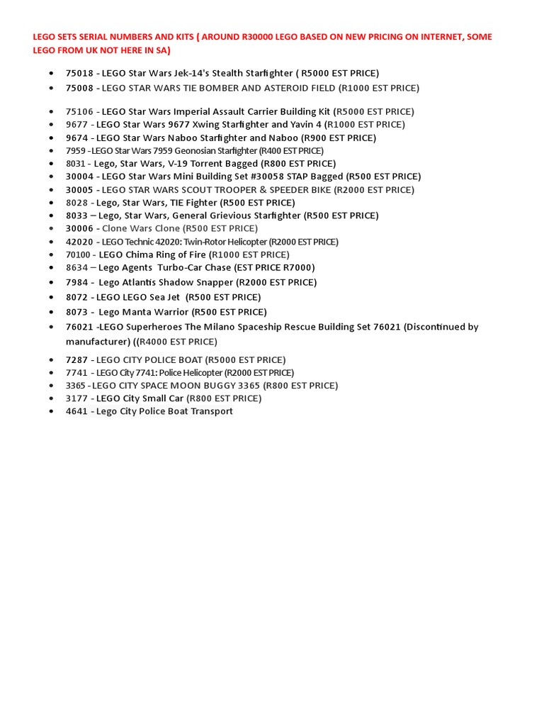 Lego Sets Serial Numbers and Kits | PDF | Computers