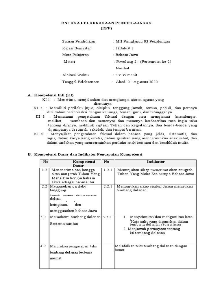 RPP Bahasa Jawa Kelas 1 Pertemuan 2 | PDF | Kesehatan Holistik