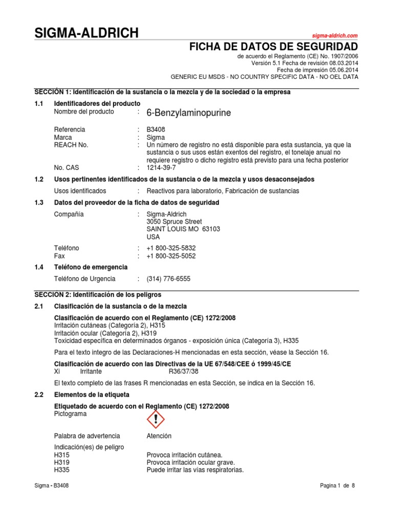 6-BAP Hoja de Seguridad | PDF | Agua | Higiene Ocupacional