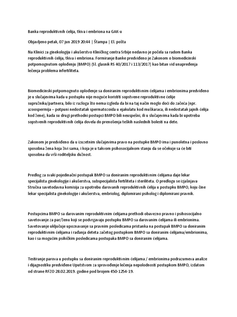 Banka Reproduktivnih Ćelija | PDF