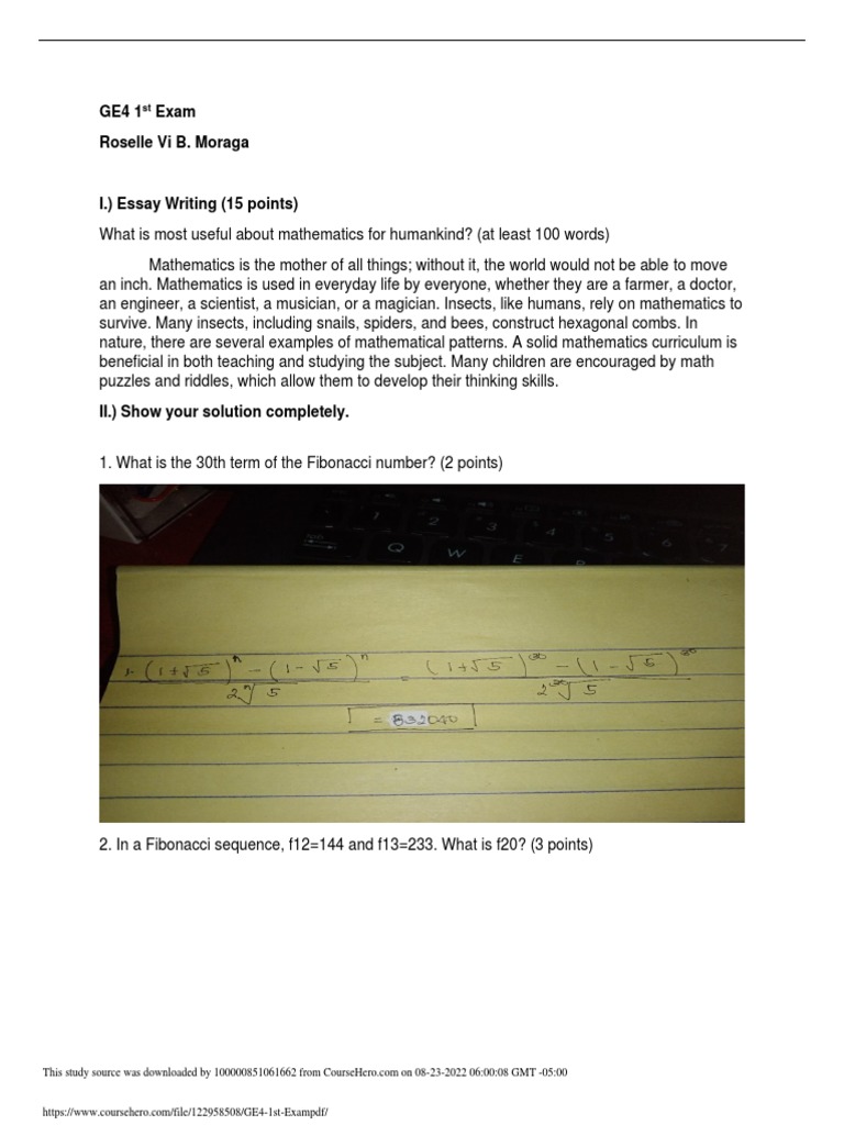 GE4 1st Exam PDF | PDF | Numbers | Mathematics