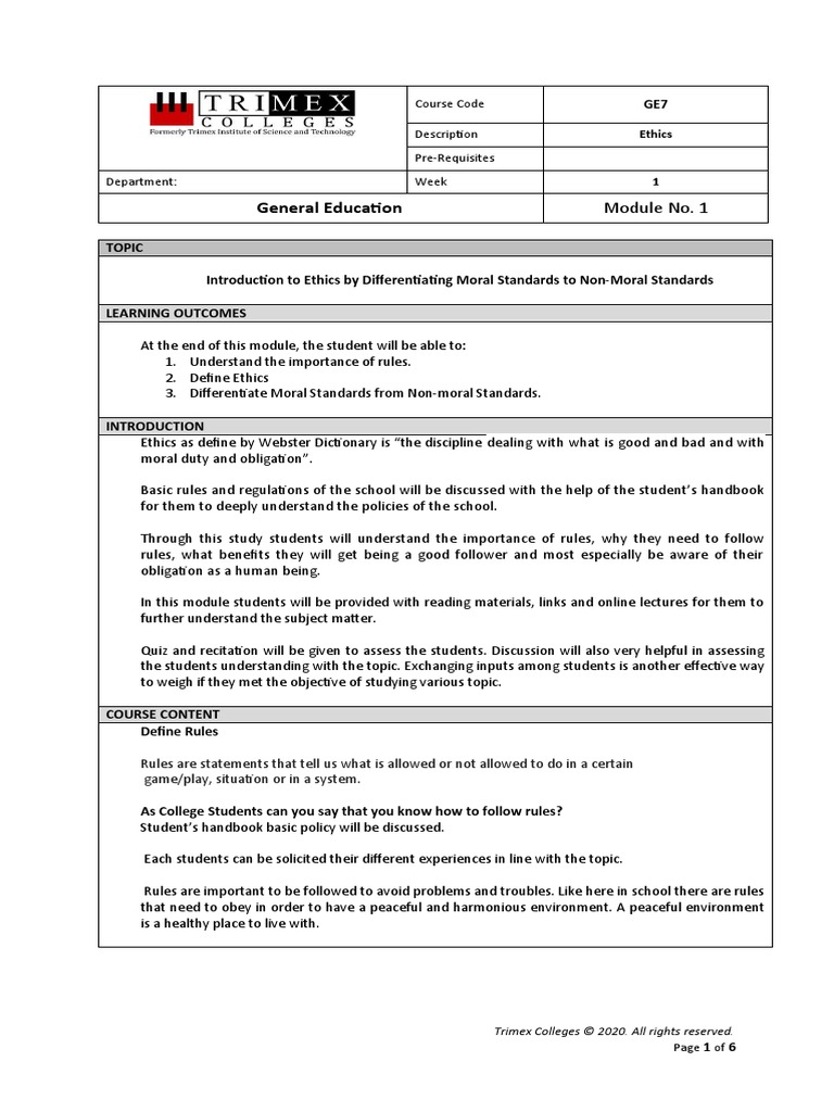 GE7-Ethics Module-1 | PDF | Morality | Applied Philosophy