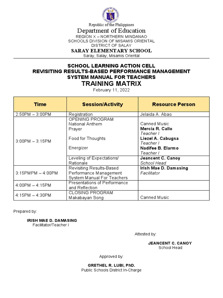 Slac Training Matrix and Design | PDF | Teachers | Learning