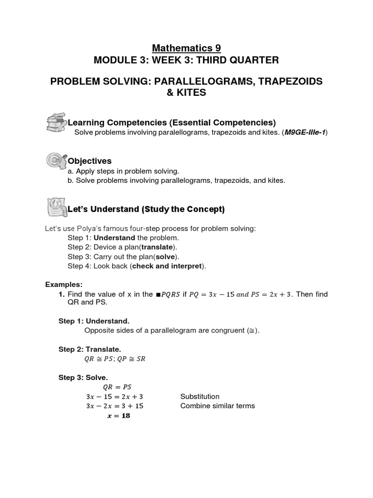 Math 9 Module 3: Problem Solving Parallelograms Trapezoids & Kites ...