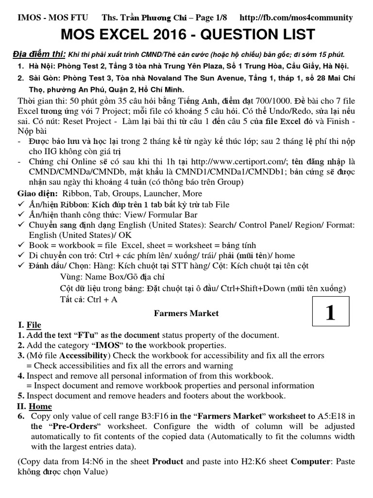 2022 Tổng hợp câu hỏi MOS Excel 2016 | PDF