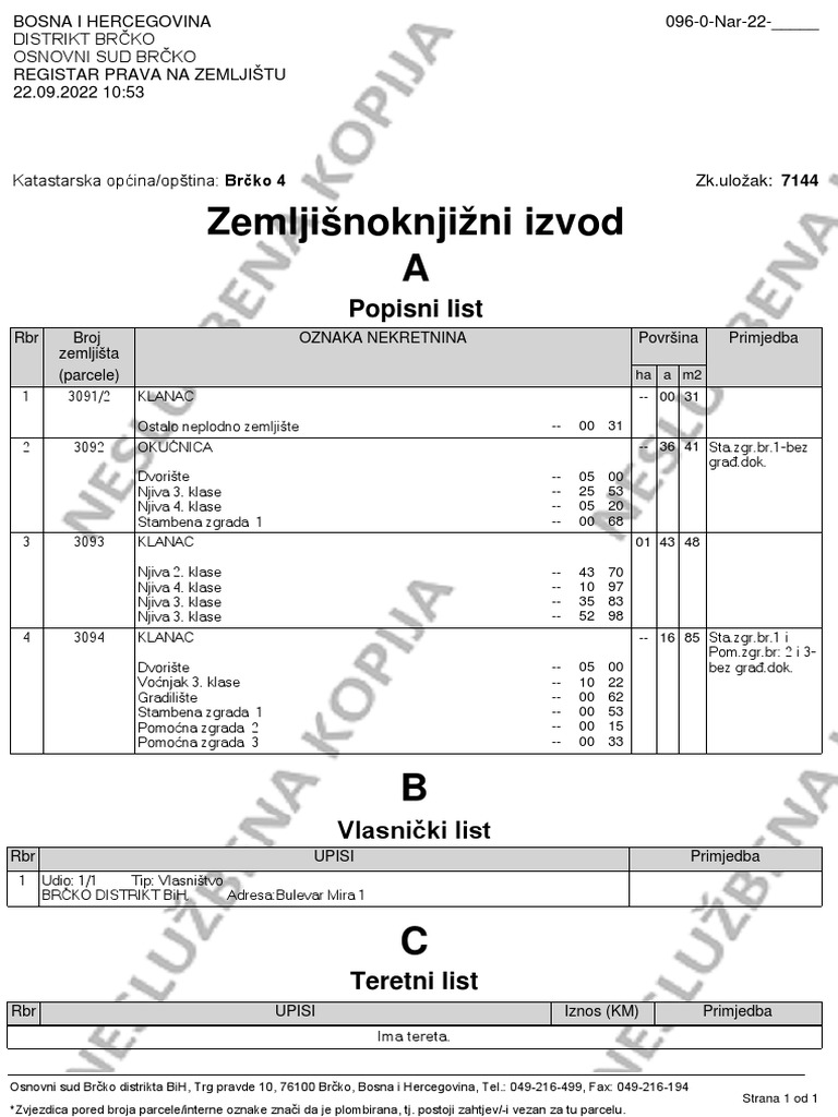 Zemljišnoknjižni Izvod A: Popisni List | PDF