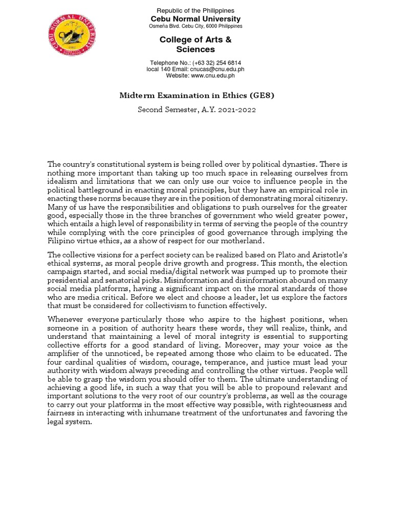 2ndtsem 2021-22 Ge8 Ethics Midterm Exam | PDF | Virtue | Courage