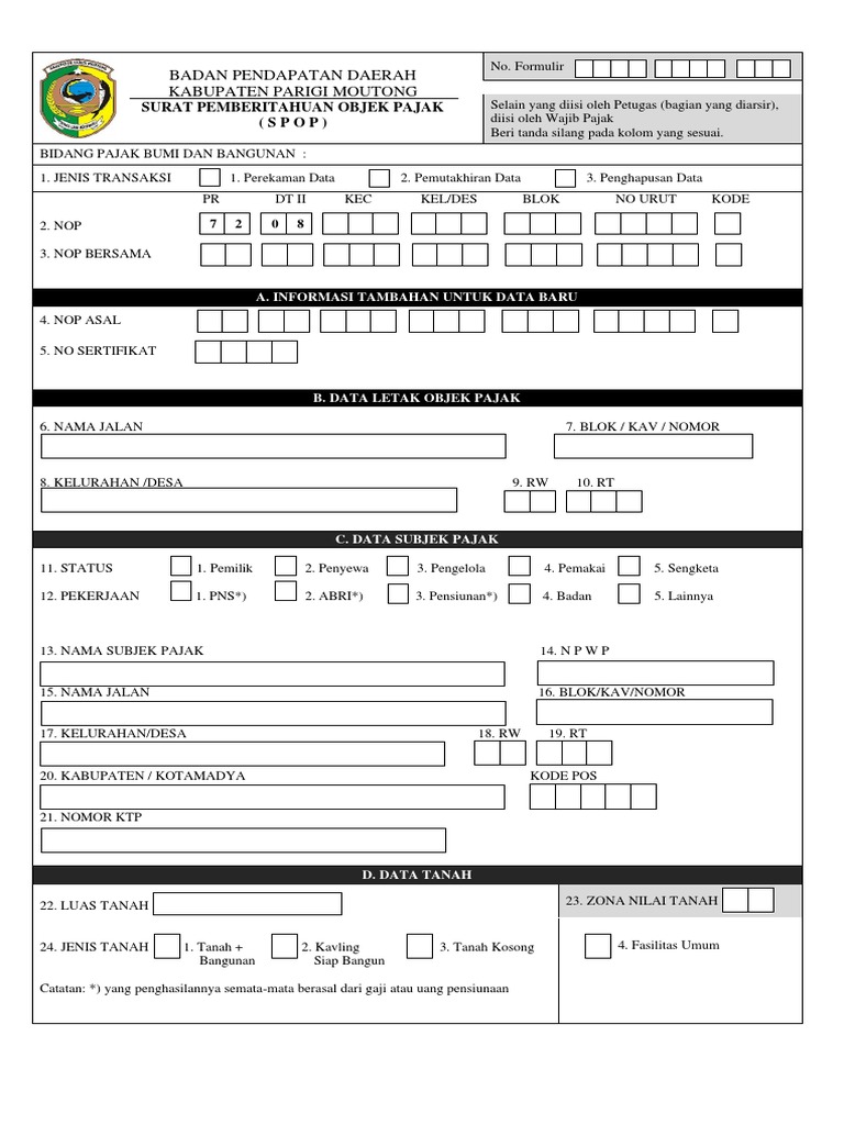 Panduan Pengisian Formulir SPOP PBB | PDF