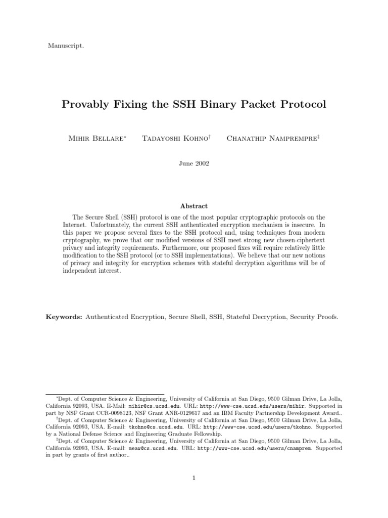 Provably Fixing The Ssh Binary Packet Protocol Mihir Bellare Tadayoshi