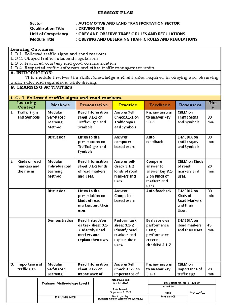 Session Plan Driving Ncii2 | PDF | Learning | Traffic