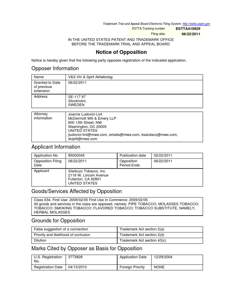 Trademark Opposition Notice: V&S vs. Starbuzz | PDF | Bar | Trademark