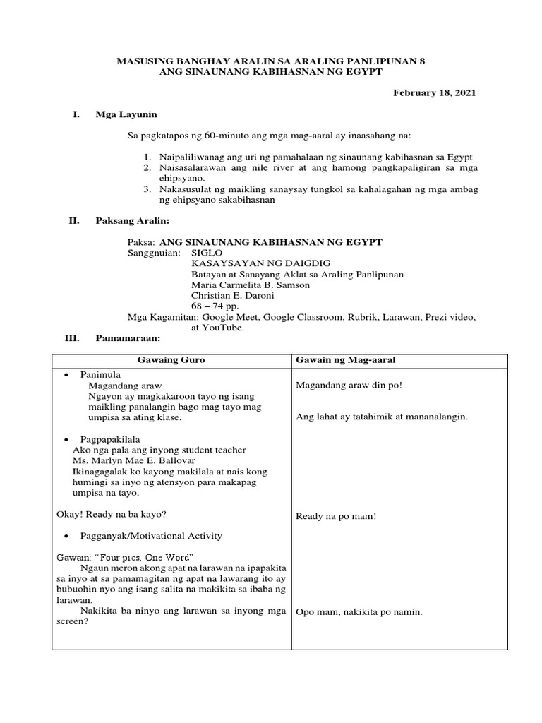 Lesson Plan - Sinaunang Kabihasnan Sa Egypt | PDF