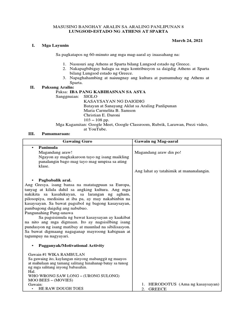 Lesson Plan - Ang Athens at Sparta | PDF