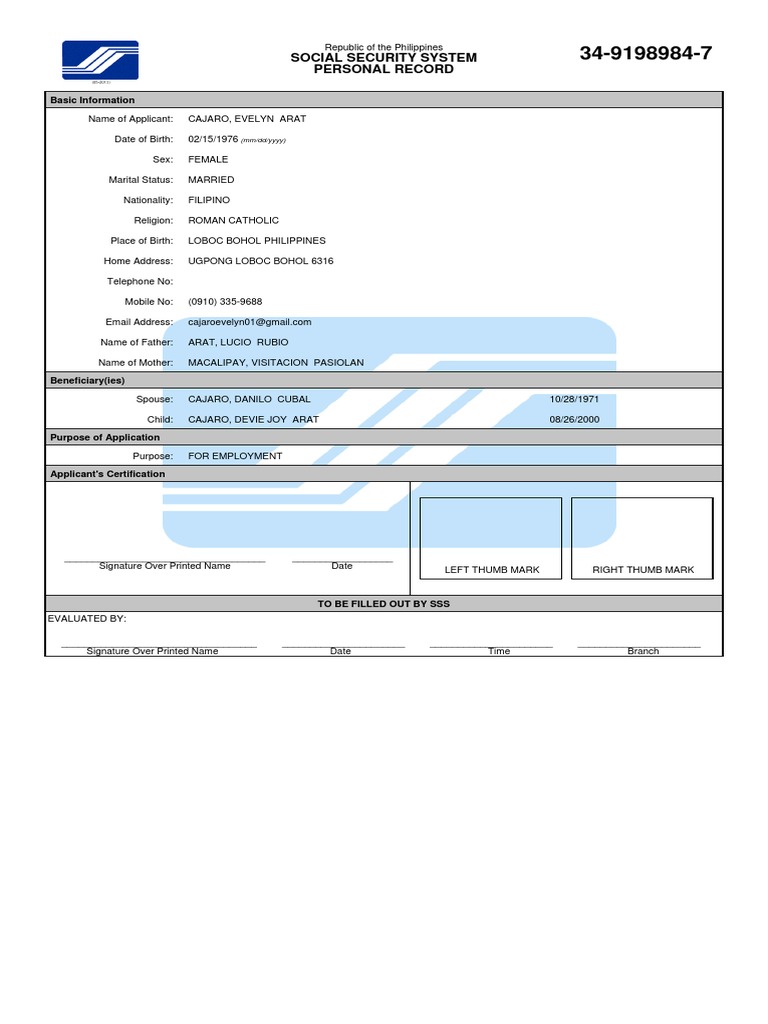 Personal - Record - Form Cajaro, Evelyn Arat (1) - 092414 | PDF