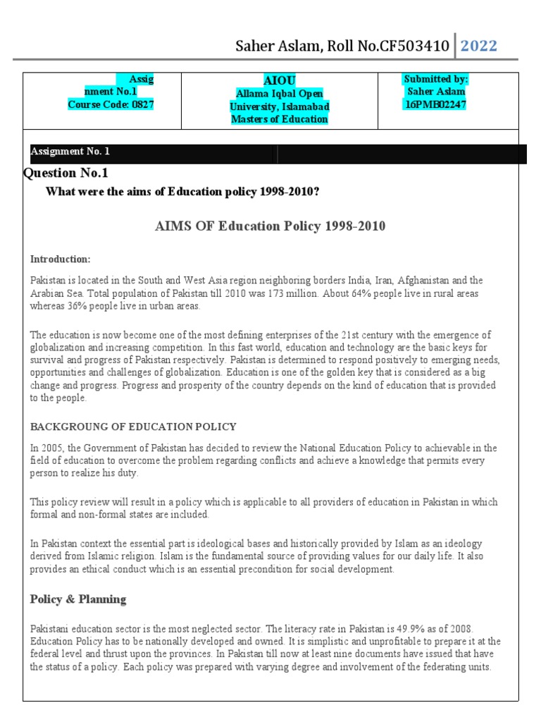 Aiou Assignment 0827 Pdf Curriculum Literacy