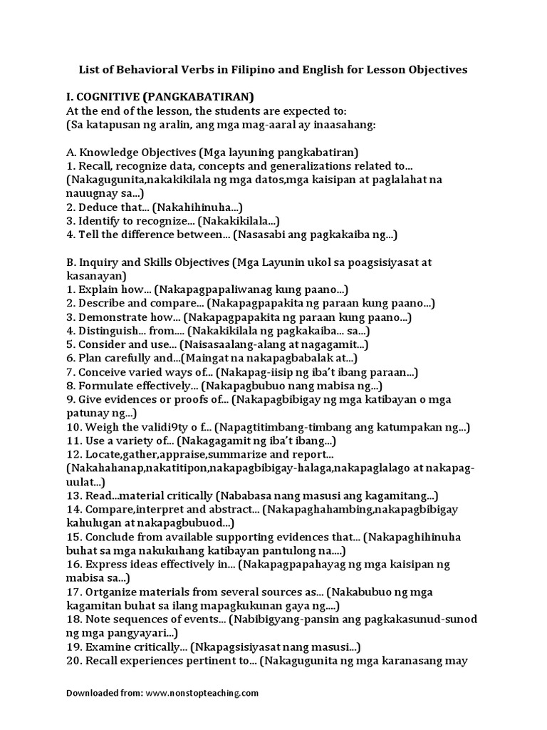 List of Behavioral Verbs in Filipino and English for Lesson Objectives ...