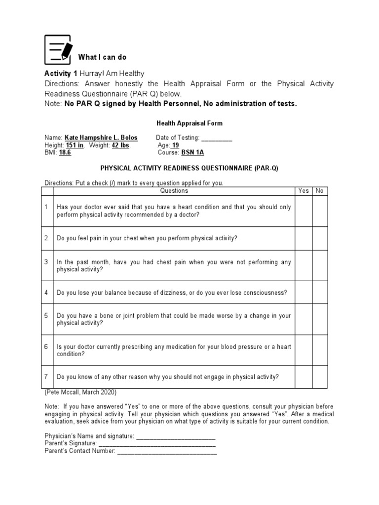 Directions: Answer Honestly The Health Appraisal Form or The Physical ...