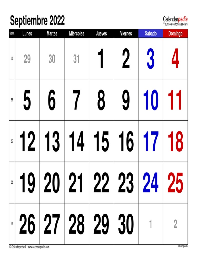 Calendario Septiembre 2022 Espana Horizontal Grandes Cifras | PDF