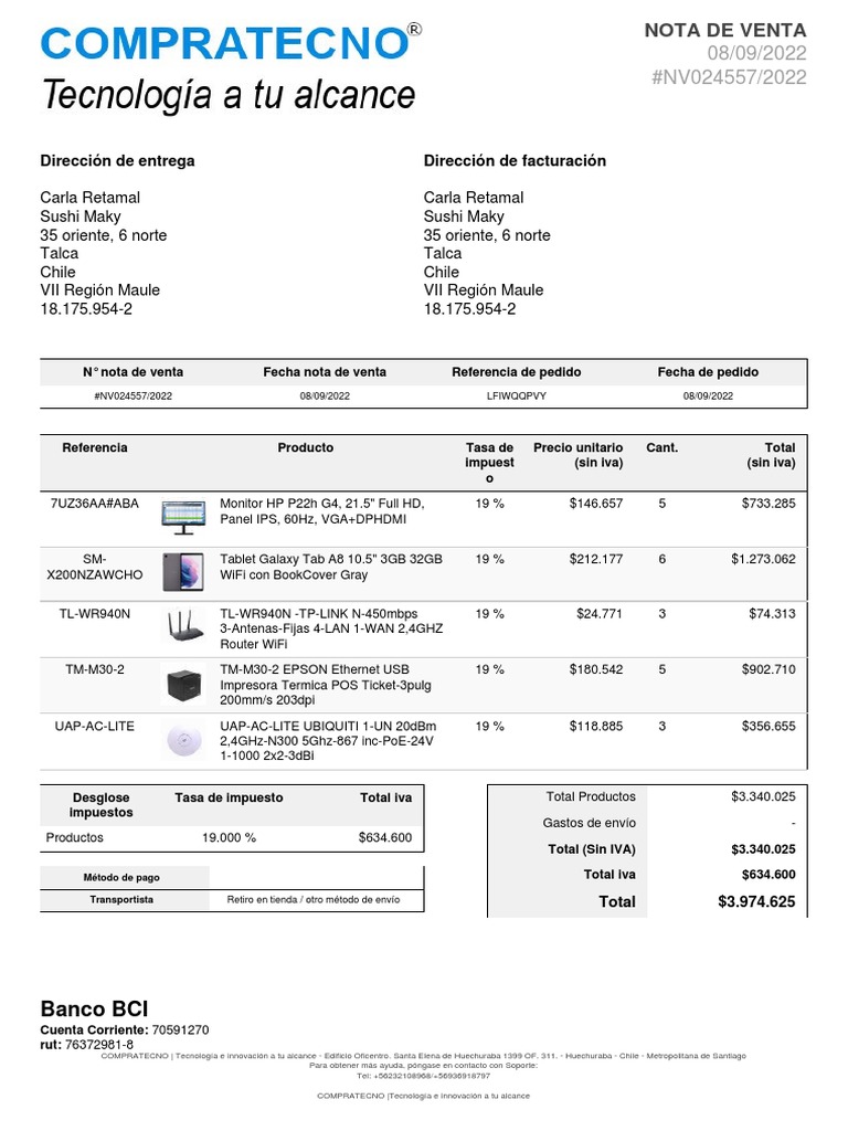 Detalles de una nota de venta para equipos y accesorios de tecnología ...