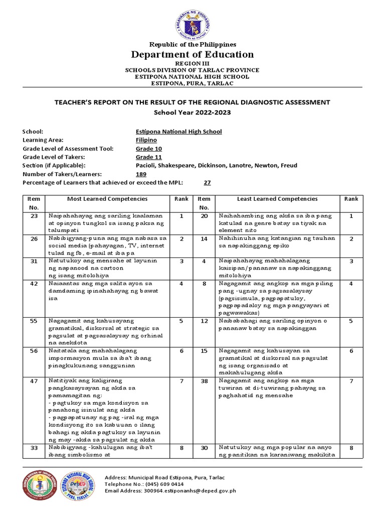 RDT Report Filipino10 | PDF