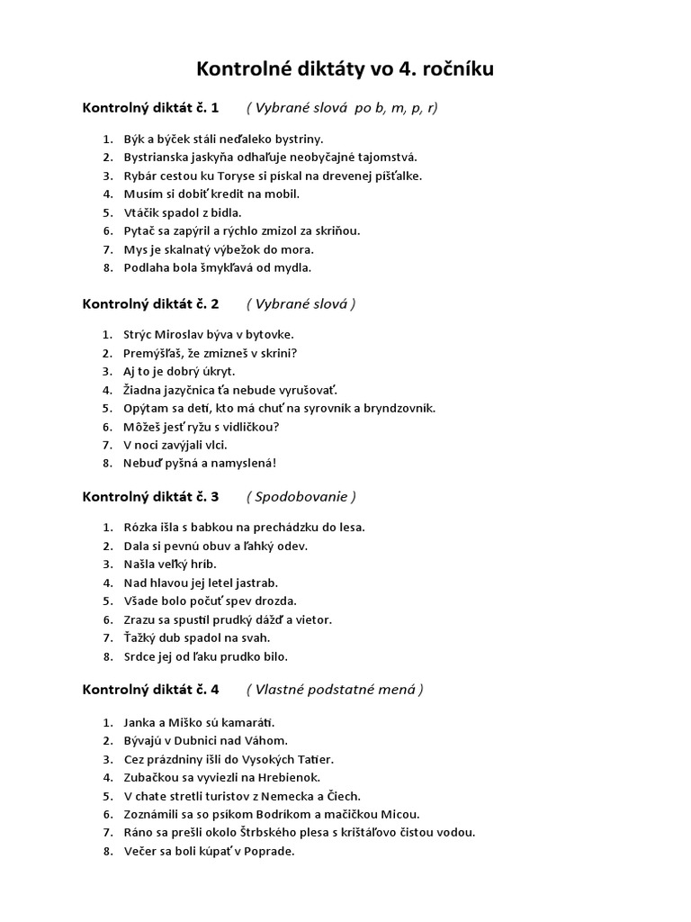 Kontrolné Diktáty 4. Ročník | PDF