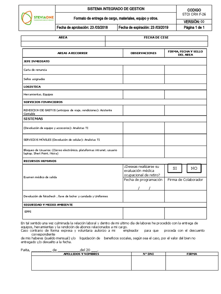 Formato de Entrega de Cargo, Herramientas, Equipos y Otros. | PDF ...