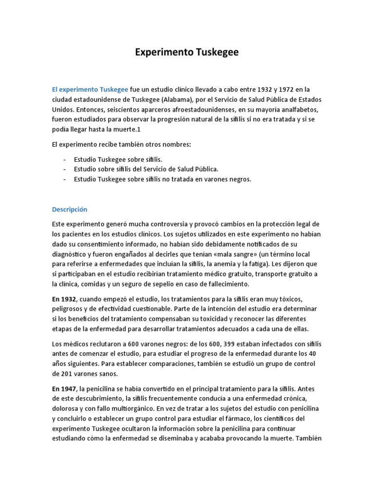 Experimento Tuskegee: Ética y Sífilis | PDF | Epidemiología | Ciencias ...