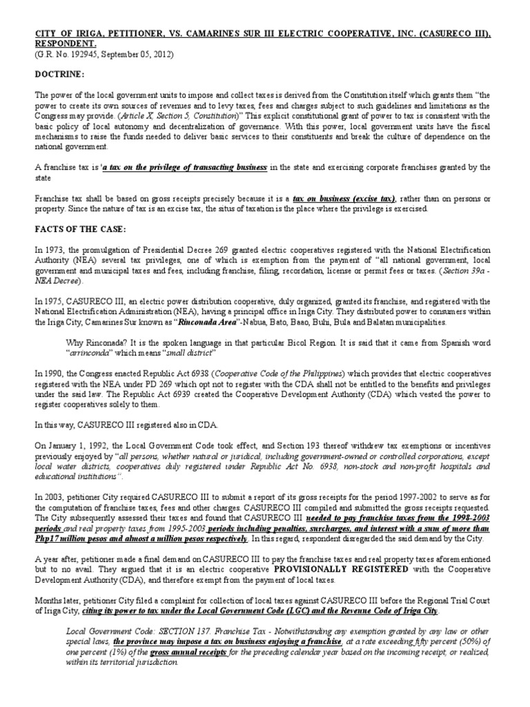 City of Iriga V CASURECO III | PDF | Taxes | Franchising